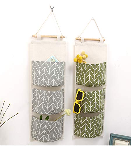 Votono Hanging Storage Bag Wall Mounted 3-Bag Door Organizer Linen Cotton Fabric 2 Pack for Room and Bathroom (2 Pack Green)