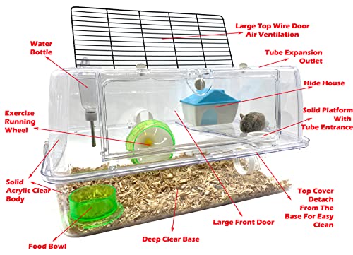 Deluxe 2-Tiers Acrylic Dwarf Hamster Home Mouse Gerbil Palace Rat Habitat Cage Running Wheel Water Bottle Food Bowl (19" x 12" x 11"H, Acrylic Clear)