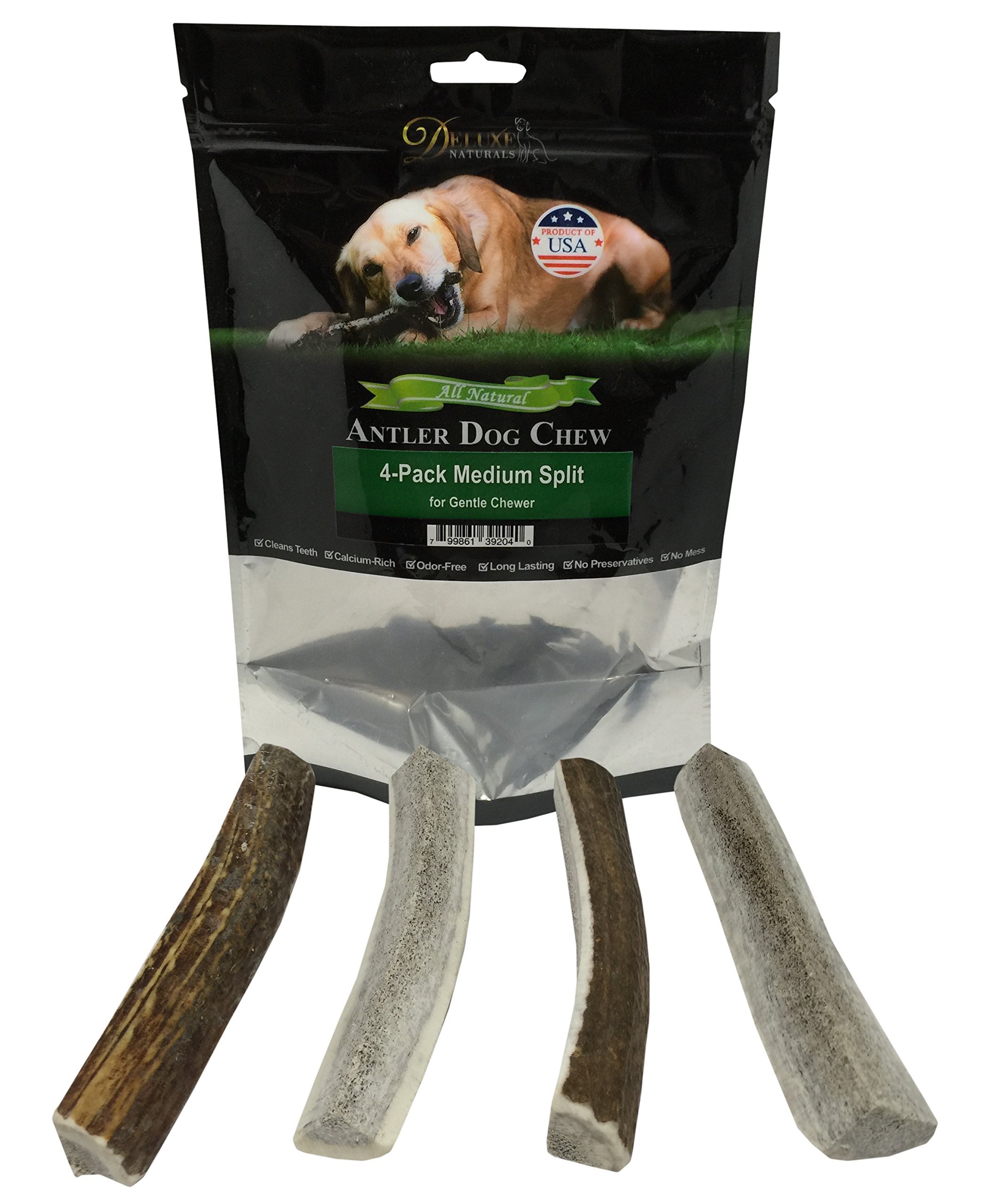 Deluxe Naturals Elk Antler Dog Chews | Long-Lasting A-Grade Premium Elk Antler Chews for Dogs from Naturally Shed Elk Antlers Collected in The USA, Split, Medium (Pack of 4)
