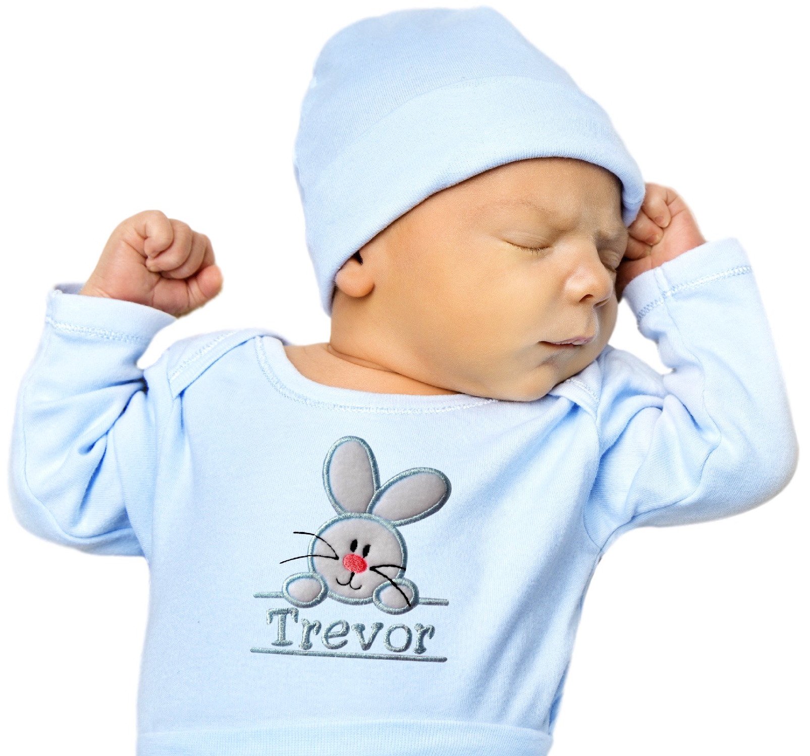 Funny Girl Designs Embroidered EASTER Bunny Bodysuit for Baby BOYS - Your Custom Name (0-3 Months, Long Sleeve, Light Blue)
