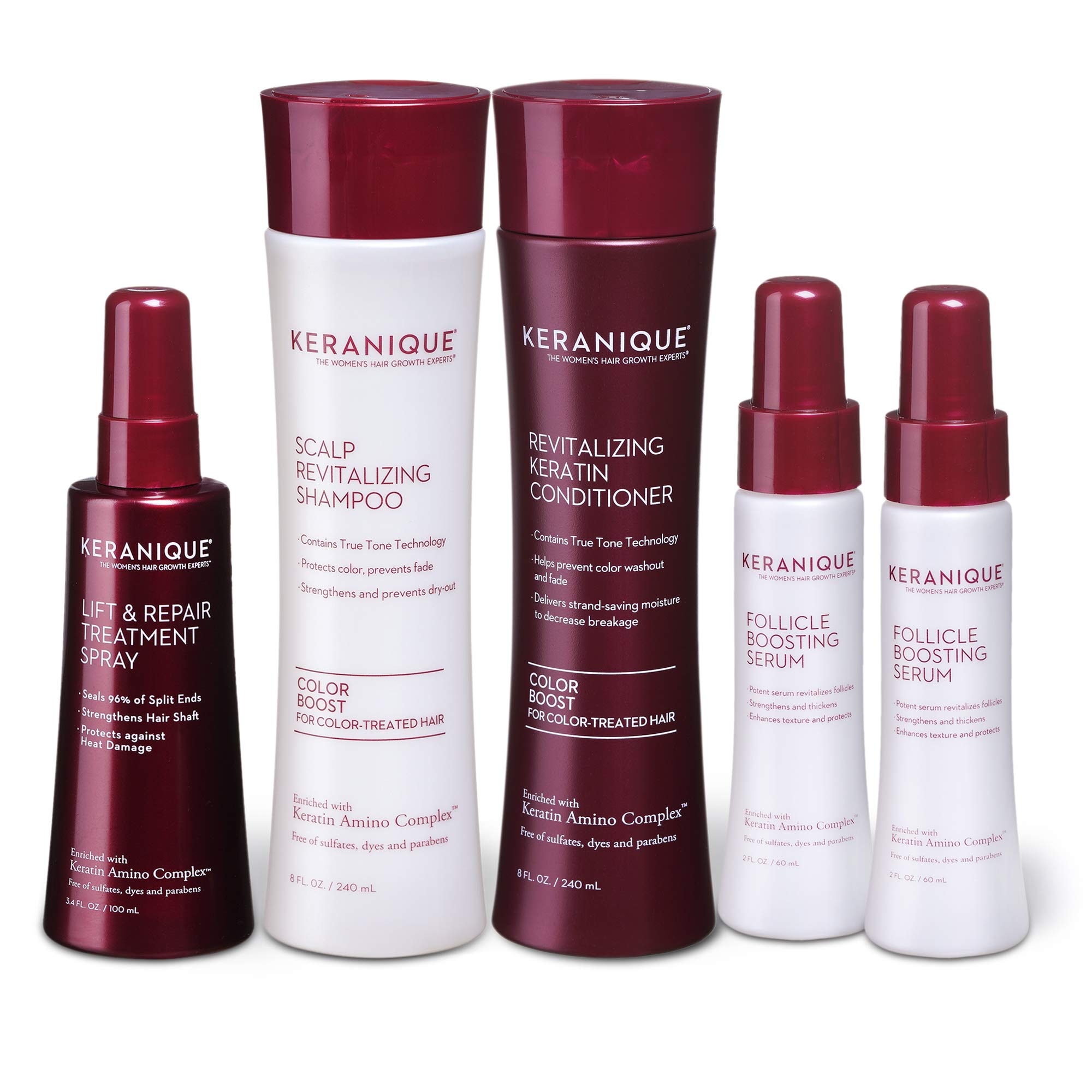 Keranique Thicker Fuller Hair 60 Days System with Keratin Shampoo, Conditioner, Follicle Boosting Serum and Lift and Repair Treatment for Colored Thinning Hair, Paraben/Sulfates Free