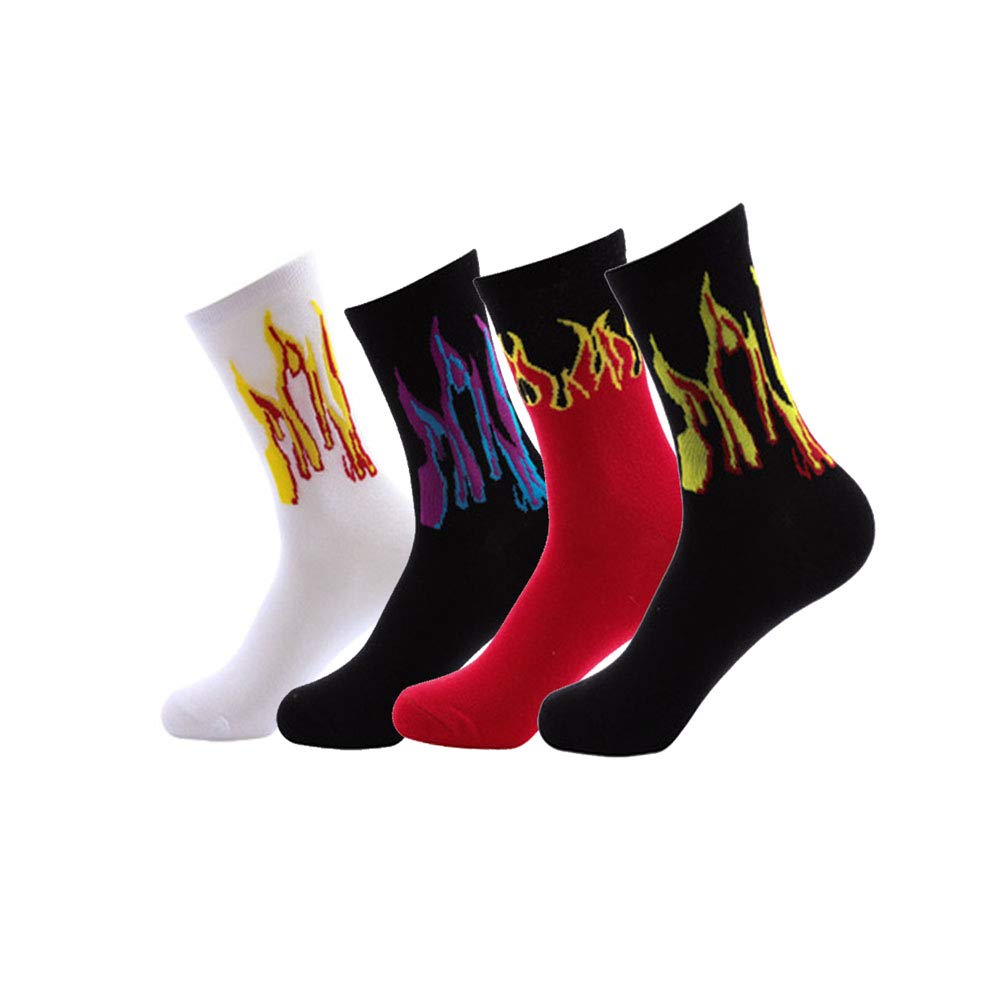 4 Packs Unisex Flame Printed Socks Fashion Hip Hop Skateboard Socks Soft-Breathable Cotton Athletic Sports Socks, Black, Medium