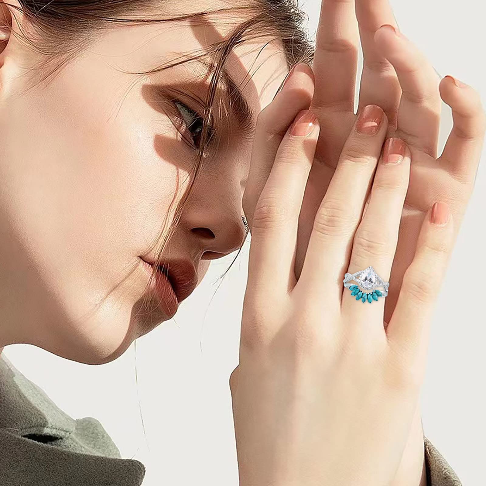 2PC Set Women Shining White Crystal Zirconia Water Drop Shape Ring Turquoise Ring Promise Rings Engagement (Silver, 7)