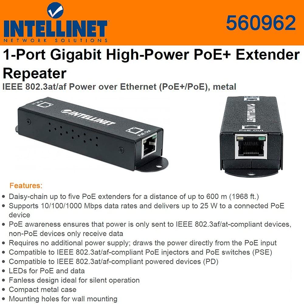 Intellinet Network Solutions 560962 IPE-IND Extender Repeater IEEE 802.3at/af Power Over Ethernet Gigabit High-Power PoE+/PoE