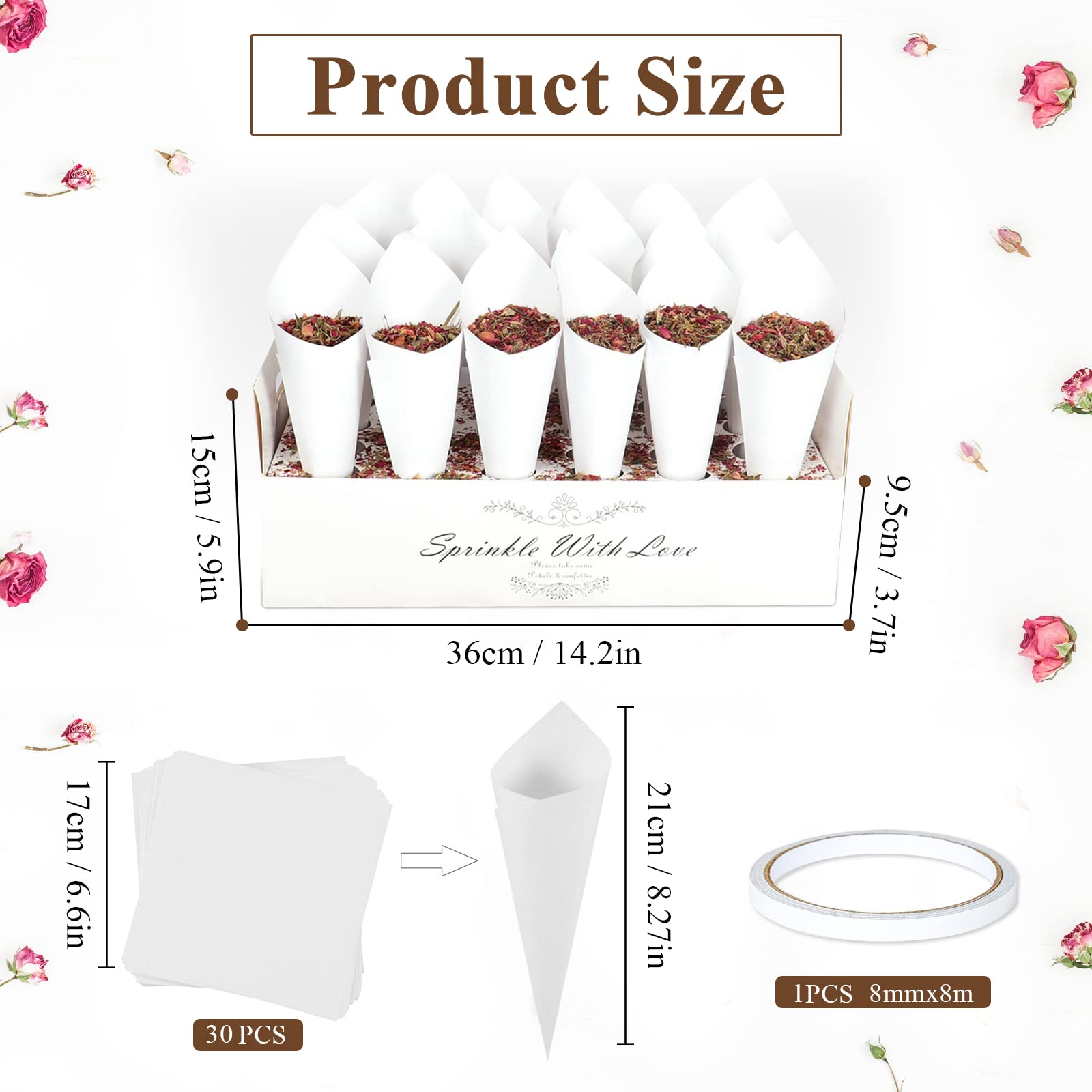Bekecidi 30 Pieces biodegradable confetti Cones and Stand Tray Paper Cone Box 30 Holes Suitable Placing Dried Flower Petals Confetti for Wedding, Engagement, Party, Birthday (White)