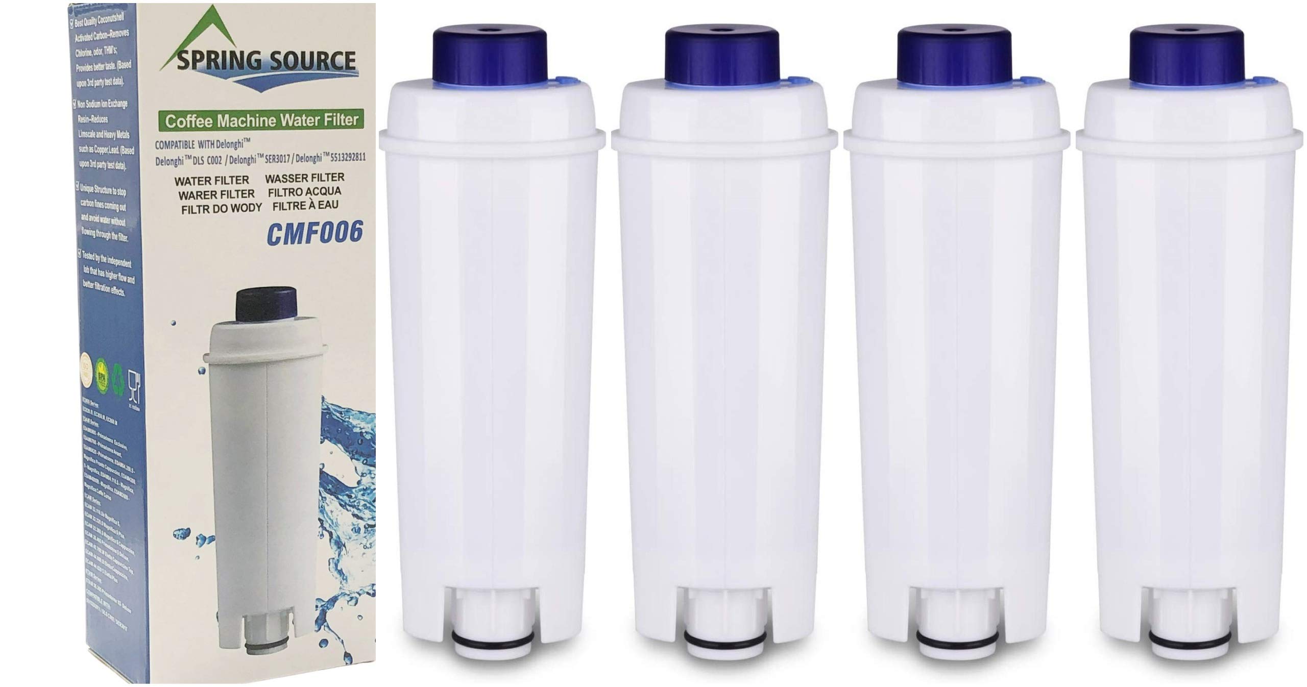 4-Pack Spring Source Coffee Espresso Machine Water Filter Replacement For DeLonghi DLSC002, DLS C002, SER3017, 5513292811, ESAM, ECAM, ETAM Series
