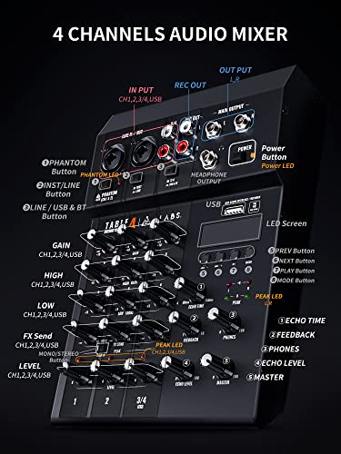 4 Channel Audio Mixer, ALABS DJ Mixer Sound Board for PC, Karoake Mixer Amplifier Mixer Audio, Podcast Mixer, XLR Interface Mixing Console with OP-AMP/Mic Preamps/Phantom/2-band EQ, TABLE4