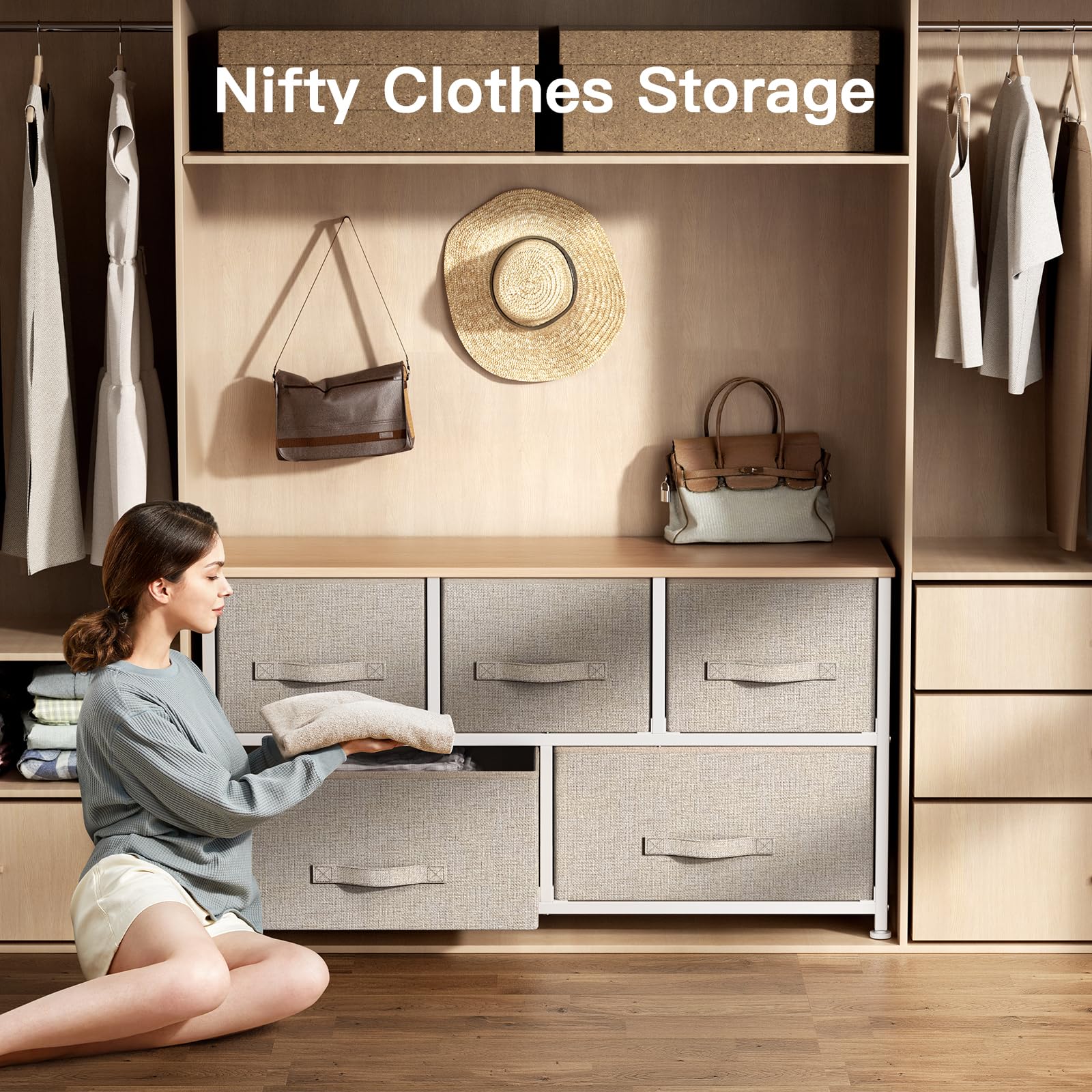 Pipishell Fabric Dresser, Dresser for Bedroom with 5 Drawers, Wide Dresser Storage Tower Organizer Unit with Wood Top and Easy Pull Handle for Closets, Living Room, Nursery Room, Hallway(Light Grey)