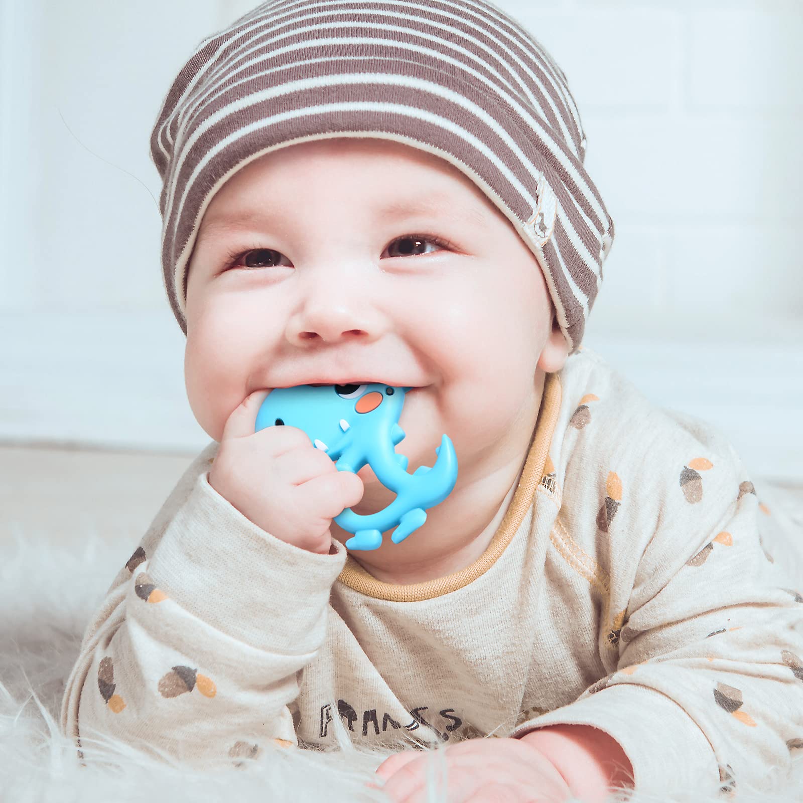 BBBiteMe Baby Teething Toys Silicone Dinosaur Baby Teethers for Babies 0-6, 6-12 Months, BPA-Free Teether Gifts Baby Shower Toy for Toddlers and Infants(Blue)