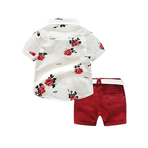 Mubineo Toddler Little Boy Kids Summer Floral Shirt Bermuda Shorts Outfit Set Clothes (White/Red, 3T)