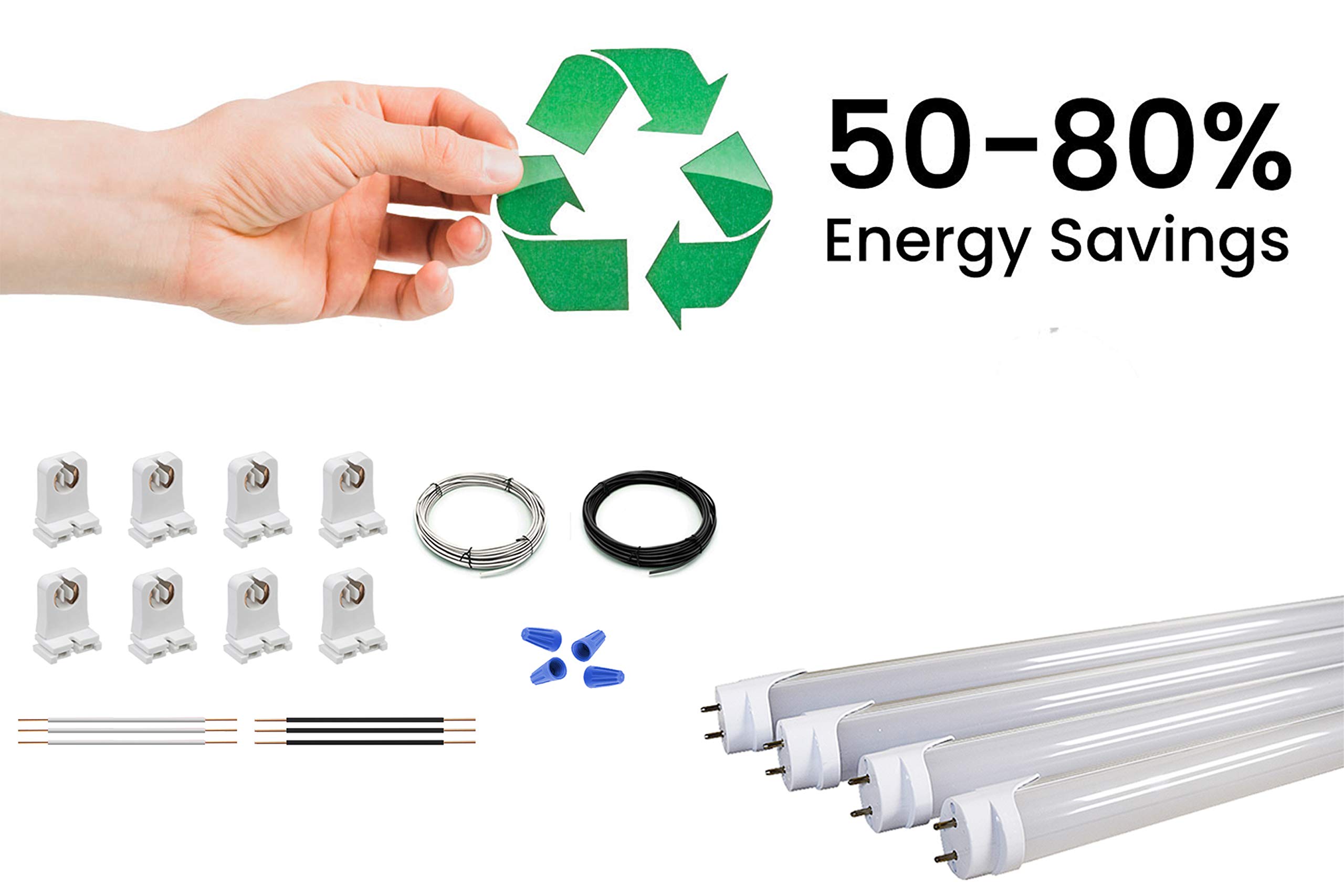 4 Light Fluorescent to LED Retrofit Conversion Upgrade Kit - (8) Non Shunted Lamp Holders, (4) 4 Ft 24W 5000K LED T8 Tubes, (2) Connectors, (4) Wire Nuts, Solid Copper Wires