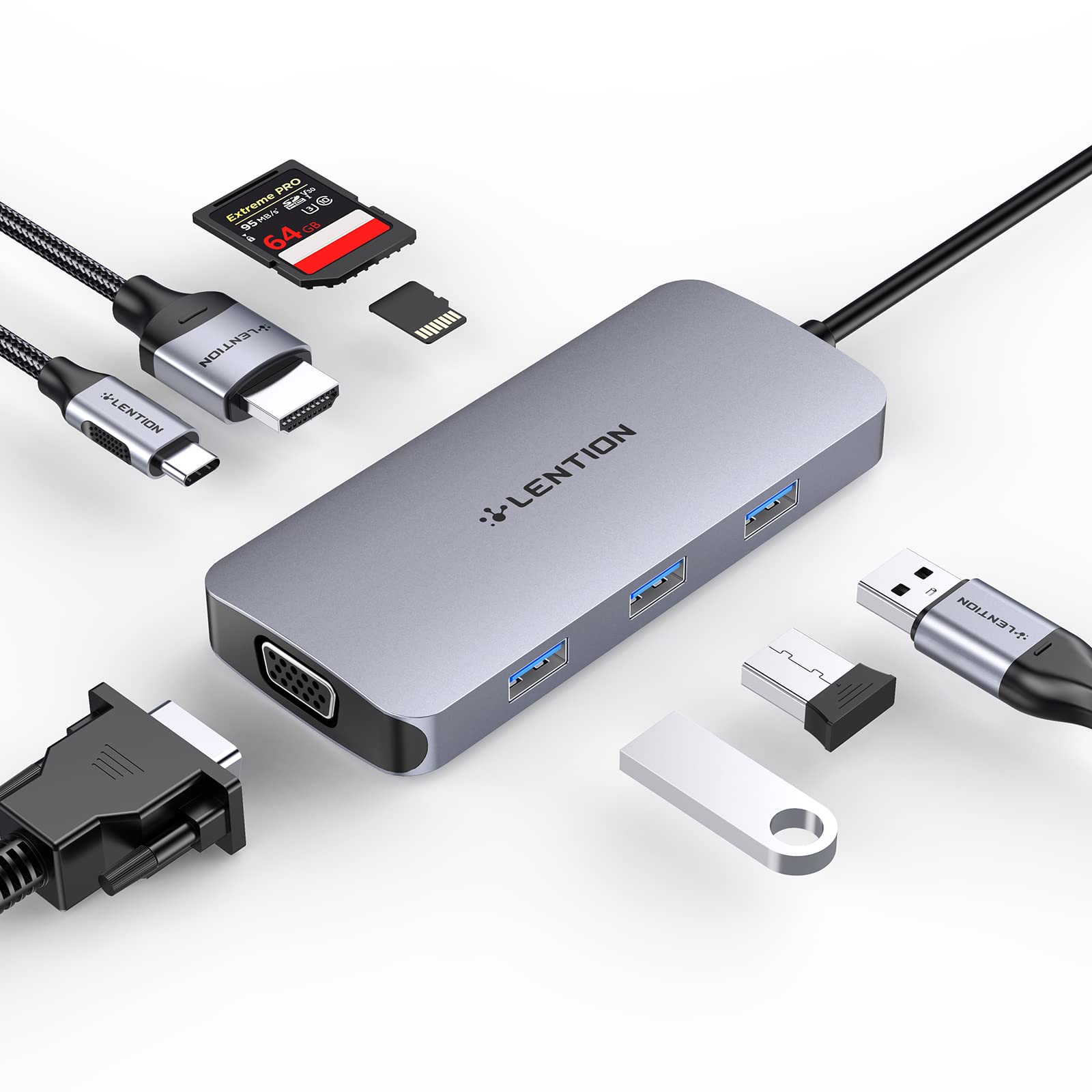 LENTION USB C Hub with 4K HDMI, VGA, SD/Micro SD Card Reader, 3 USB 3.0, Type C Charging Adapter Compatible 2022-2016 MacBook Pro, New Mac Air/Surface, Chromebook, More (CB-CE55, Space Gray)