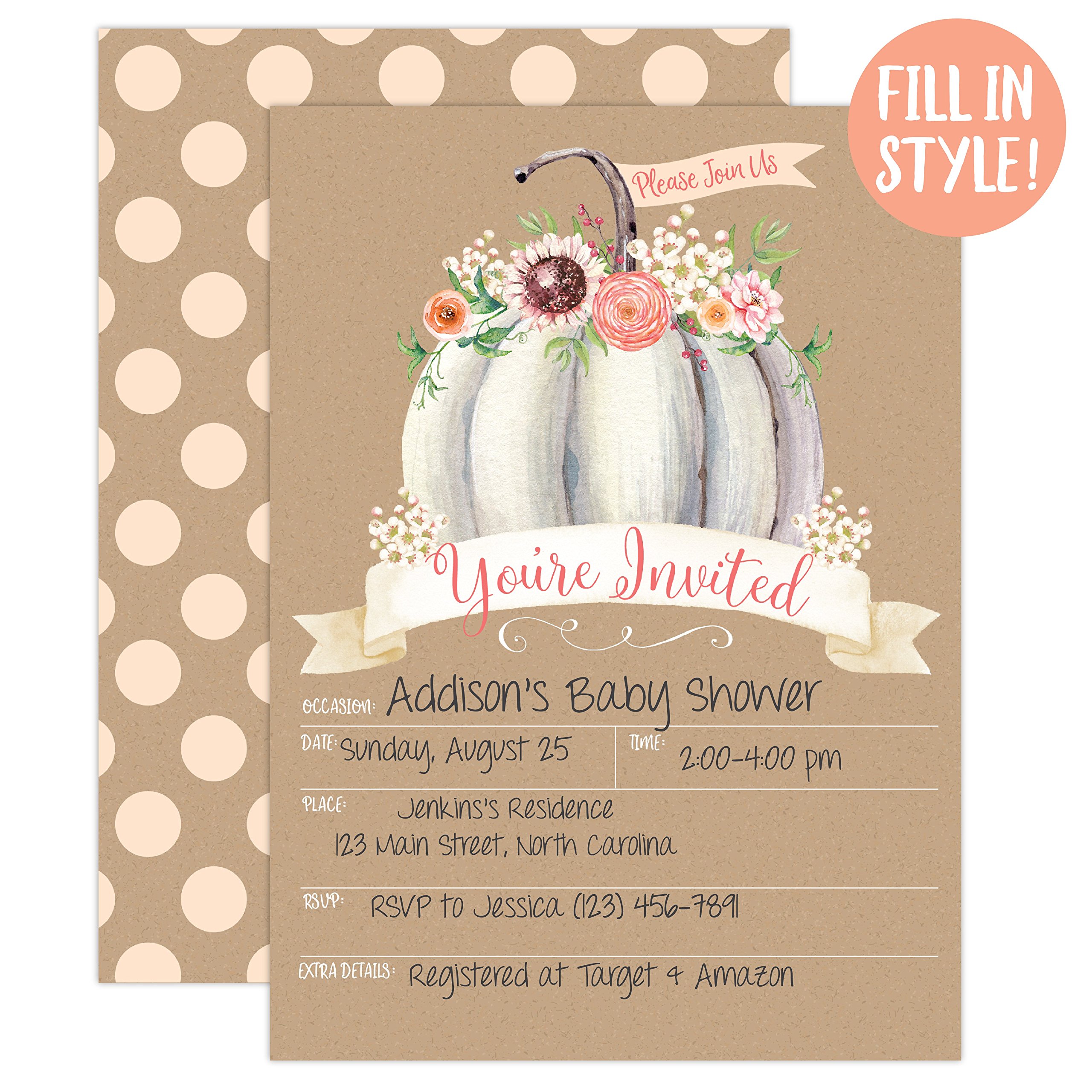 Pumpkin Fall Baby Shower Invitations, A6 Envelopes Included, 20 Count Pack, Premium Heavy-weight Card Stock, Two Sided, Autumn Floral Design, Pink and Gold Color