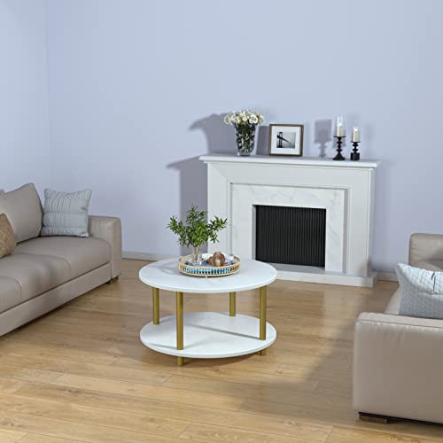 Round Coffee Table for Living Room,31.5’’ 2 Tier Modern Gold Coffee Table with Open Storage Shelf,Gold Metal Legs and White Faux Marble Table Top