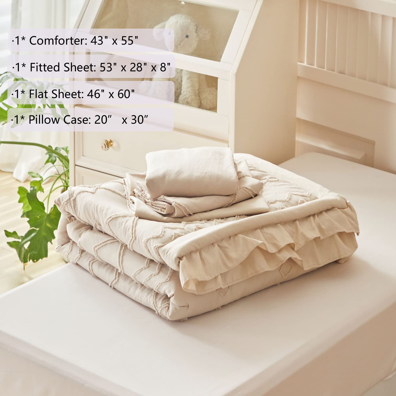 AIKASY Toddler Bedding Set 4 Pieces Super Soft Comforter Set, Shabby Boho Bohemian Design for Boys and Girls(Ruffle Fringe Comforter, Flat Sheet, Fitted Sheet and Pillowcase)- Khaki