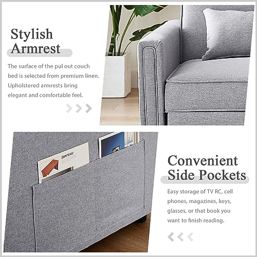 Antetek Sleeper Sofa Couch Bed, 54" Modern Linen 3 in 1 Convertible Loveseat Sleeper with Pullout Bed, Small Love seat Futon Sofa w/Adjustable Backrest for Living Room Bedroom, Light Grey
