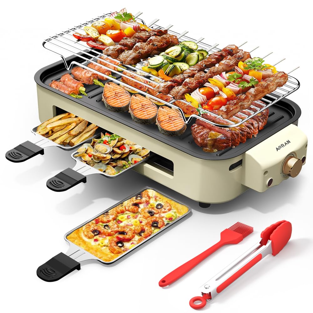 AORAN Smokeless Indoor Grill, Multifunctional Electric Skillet Griddle, 1500 Watt Adjustable Temperature Control, Non-Stick Coating White