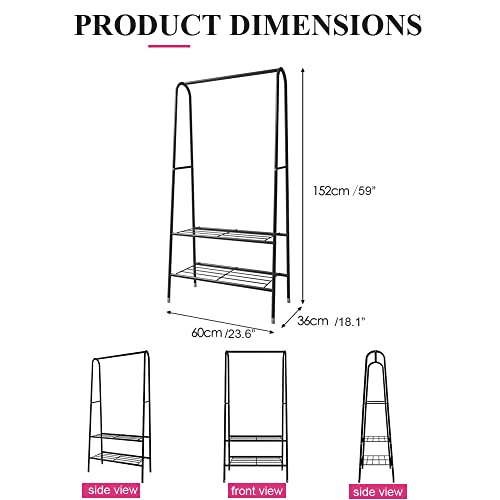 KAREZONINE Clothing Rack, Heavy Duty Clothes Rack Portable Garment Rack with 2-Tier Shelves, Double Rod Metal Coat Rack Freestanding with Bottom Shelves for Shoes Rack Organizer - Black