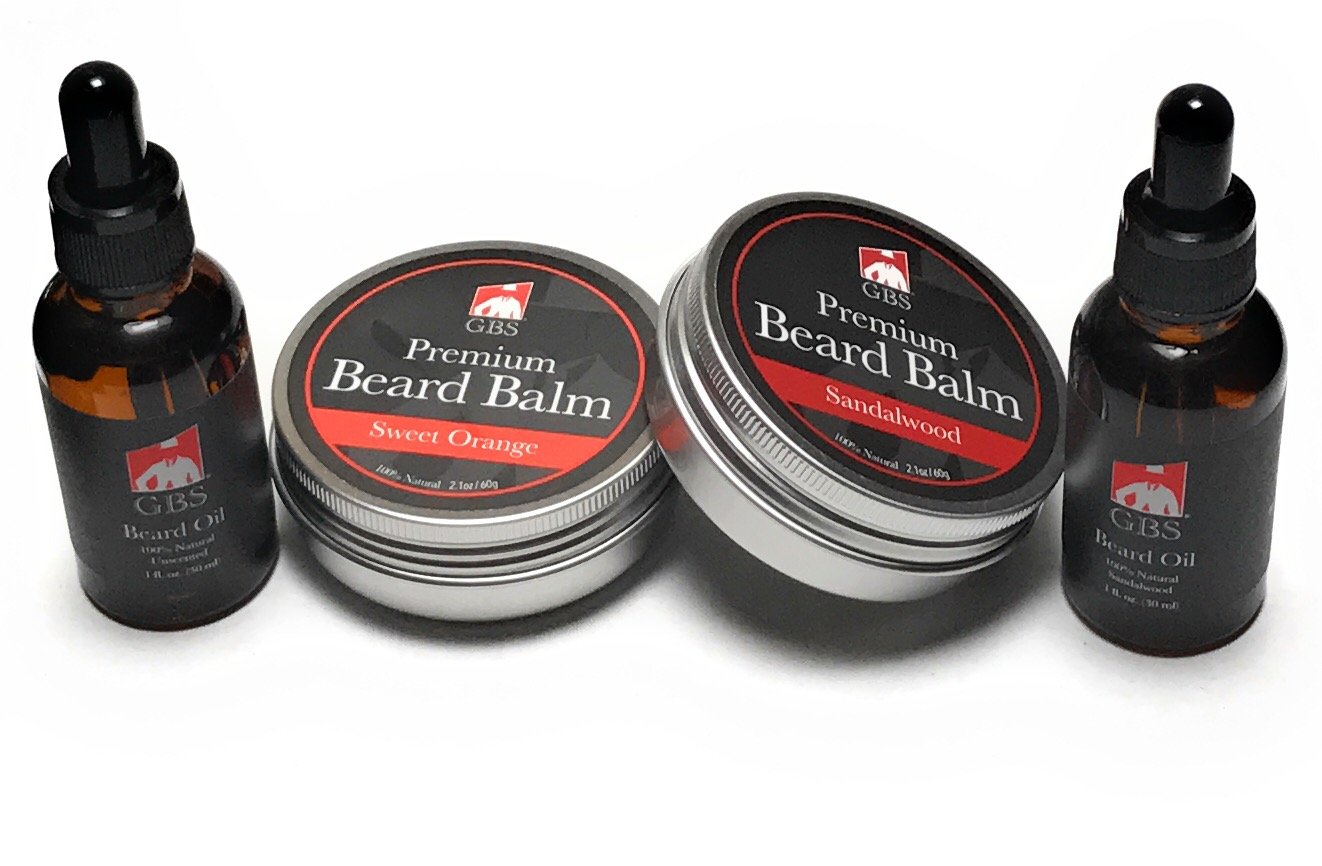 G.B.S Beard Taming Variety Set- 1 Sandalwood Beard Balm, 1 Sweet Orange Beard Balm, 1 Sandalwood Beard Oil and 1 Unscented Beard Oil, Pack of 4