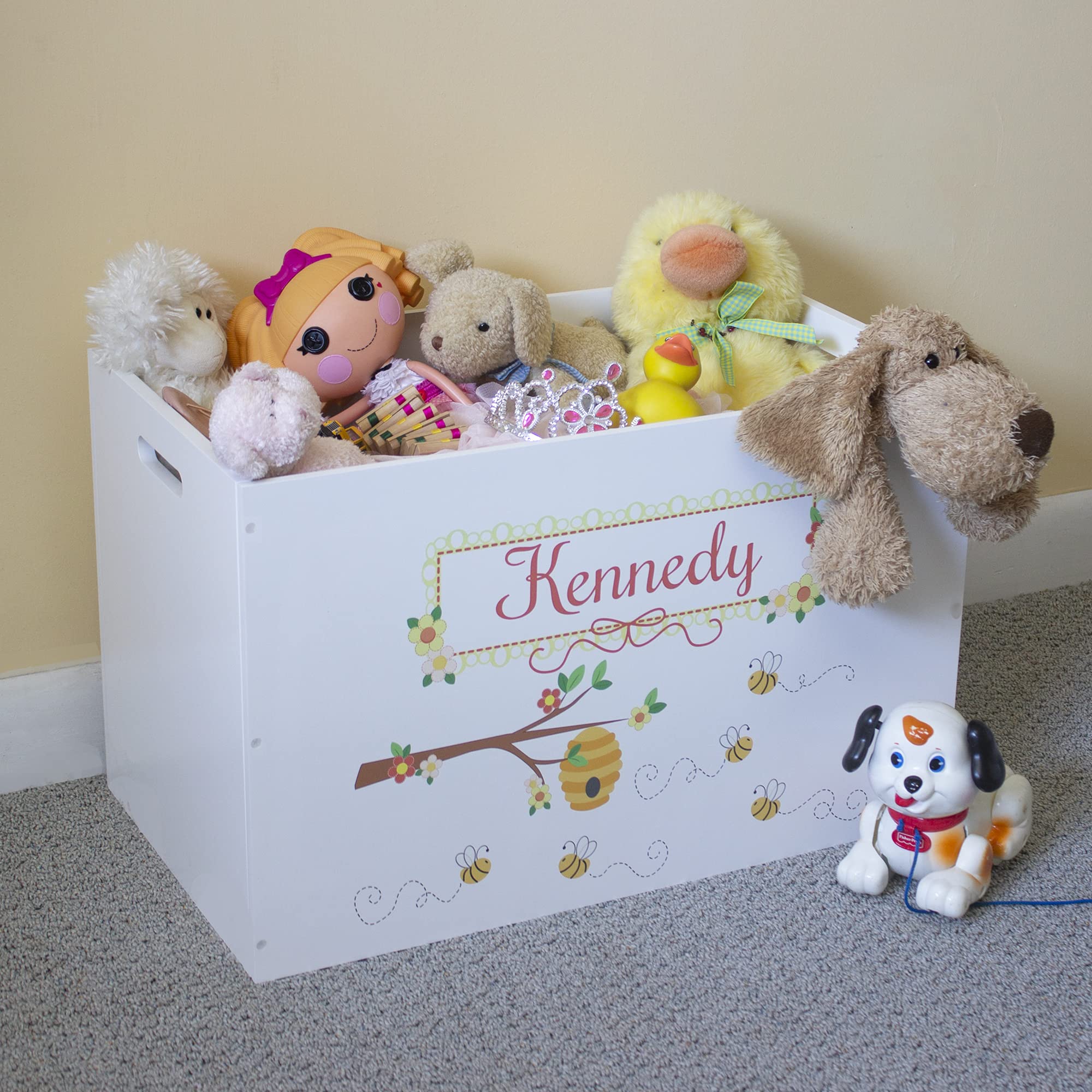 My Bambino Personalized Dinosaur Toy Box for Boys Custom White Wooden Theme for Kids Bin Child Safe with No Lid Storage Playroom Nursery (Dinosaur)