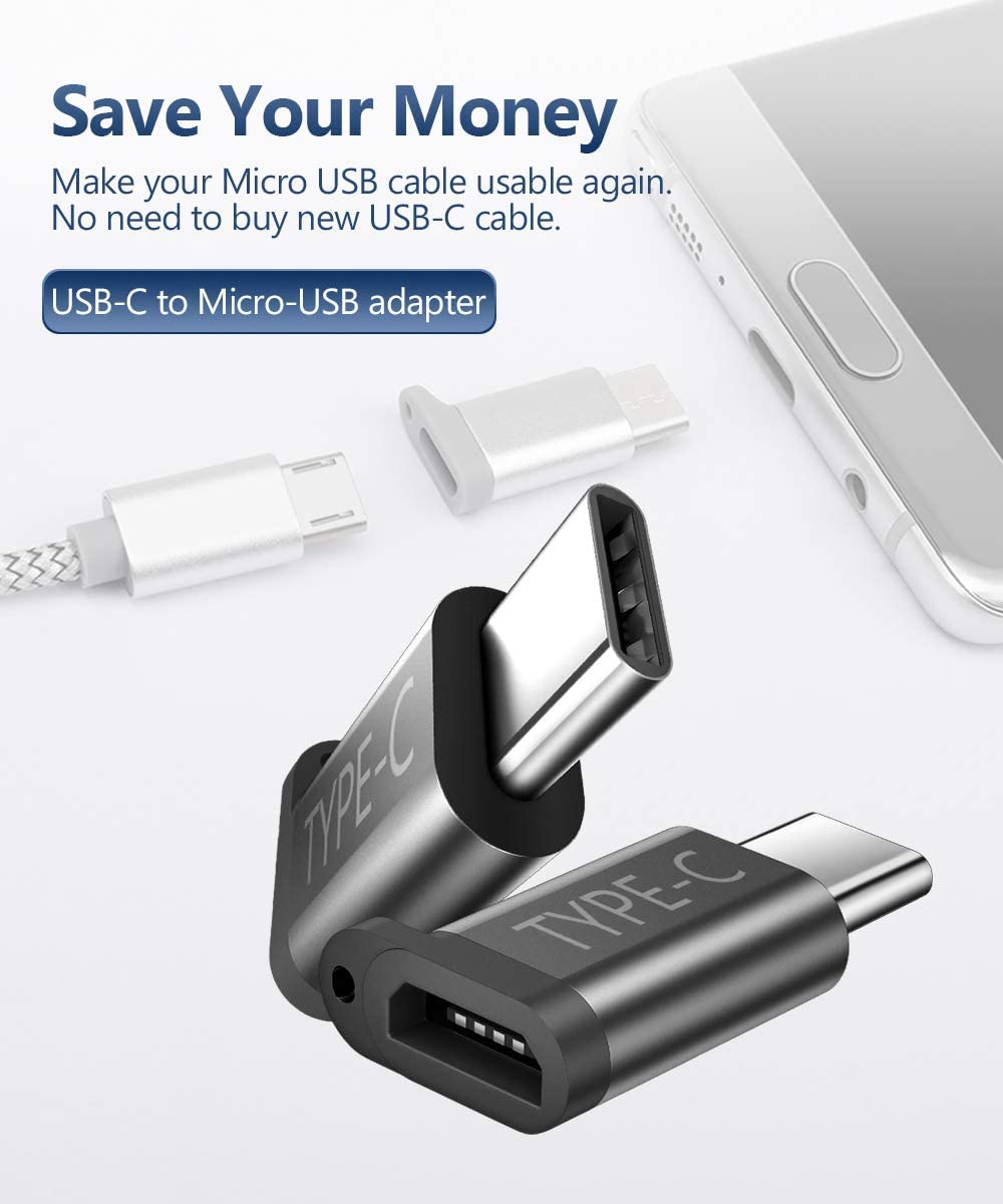 JSAUX Micro USB (Female) to USB C Adapter 4-Pack, Aluminum USB Type C Adapter with Keychain Fast Charging Compatible with Samsung Galaxy S10 S9 S8 Plus Note 9 8, LG V30 G5 G6, Moto Z Z2, more (Grey)