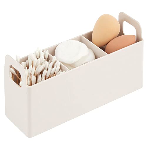 mDesign Divided Plastic Beauty Organizer Bin w/Handles for Bathroom Drawers, Vanity, or Countertops, Storage for Makeup Brushes, Palettes, Blush, Concealers - Lumiere Collection - 2 Pack, Cream/Beige