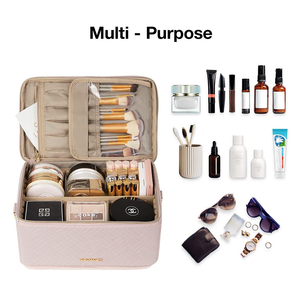 BAGSMART Large Makeup Bag, Double Layer Cosmetic Bag Travel Makeup Case Organizer with Shoulder Strap for Cosmetics Makeup Brushes Toiletries Travel Accessories (Medium, Pink)