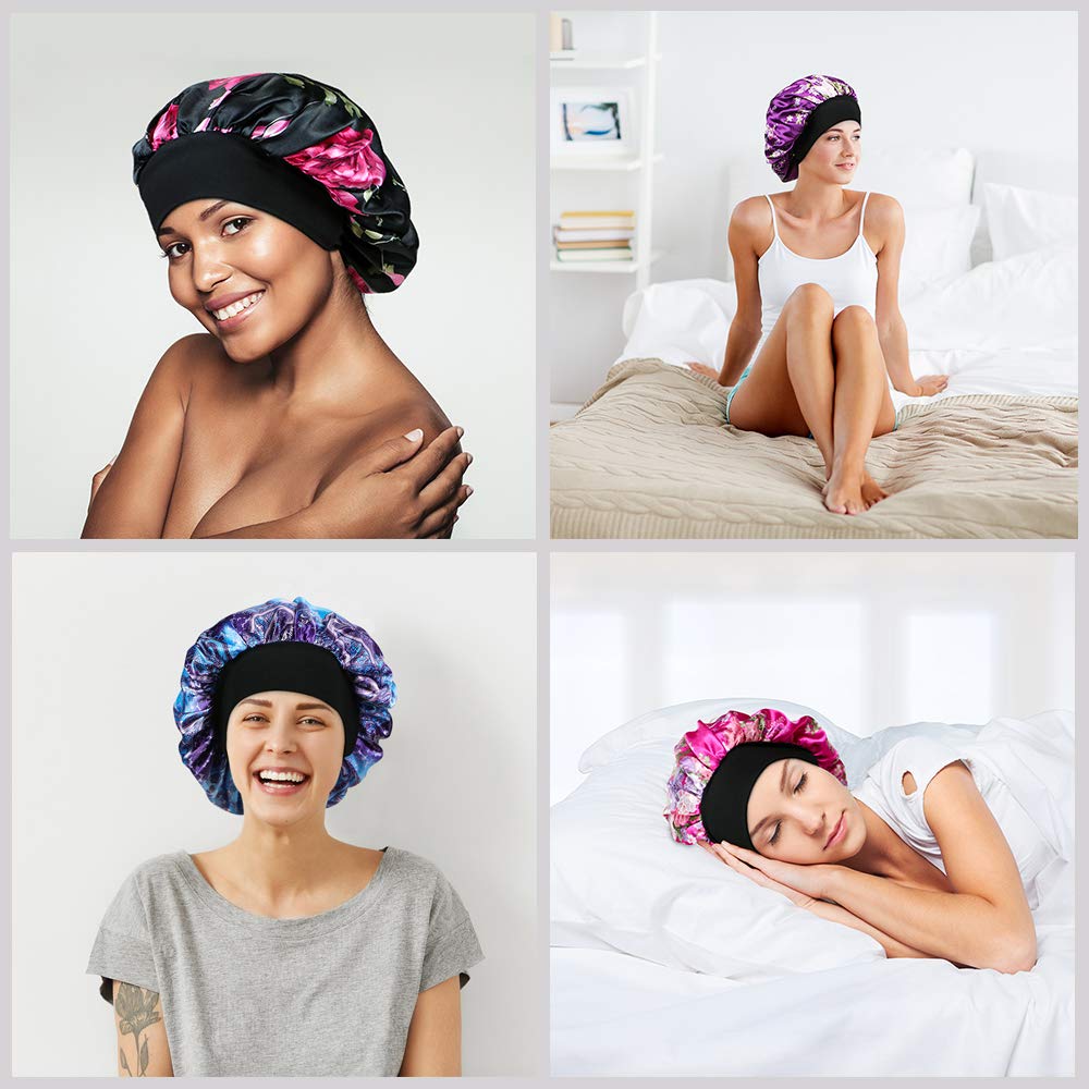 4 Pieces Wide Elastic Band Satin Sleep Bonnet Soft Night Sleeping Cap for Women Haircare