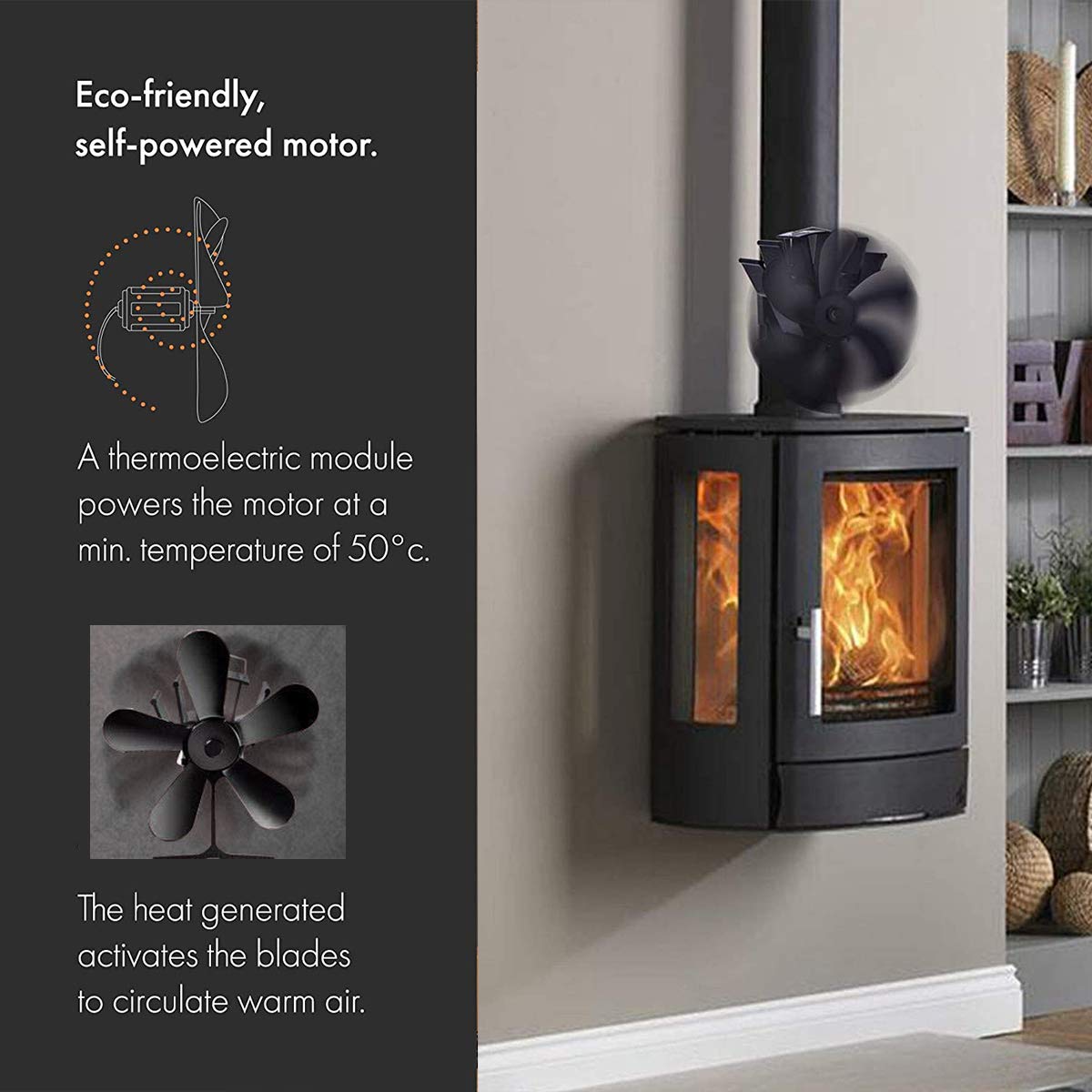 BINGONE Upgraded 5 Blades Heat Powered Stove Fan with Magnetic Thermometer Silent Operation Eco Fireplace Fan for Wood/Log Burning Stoves