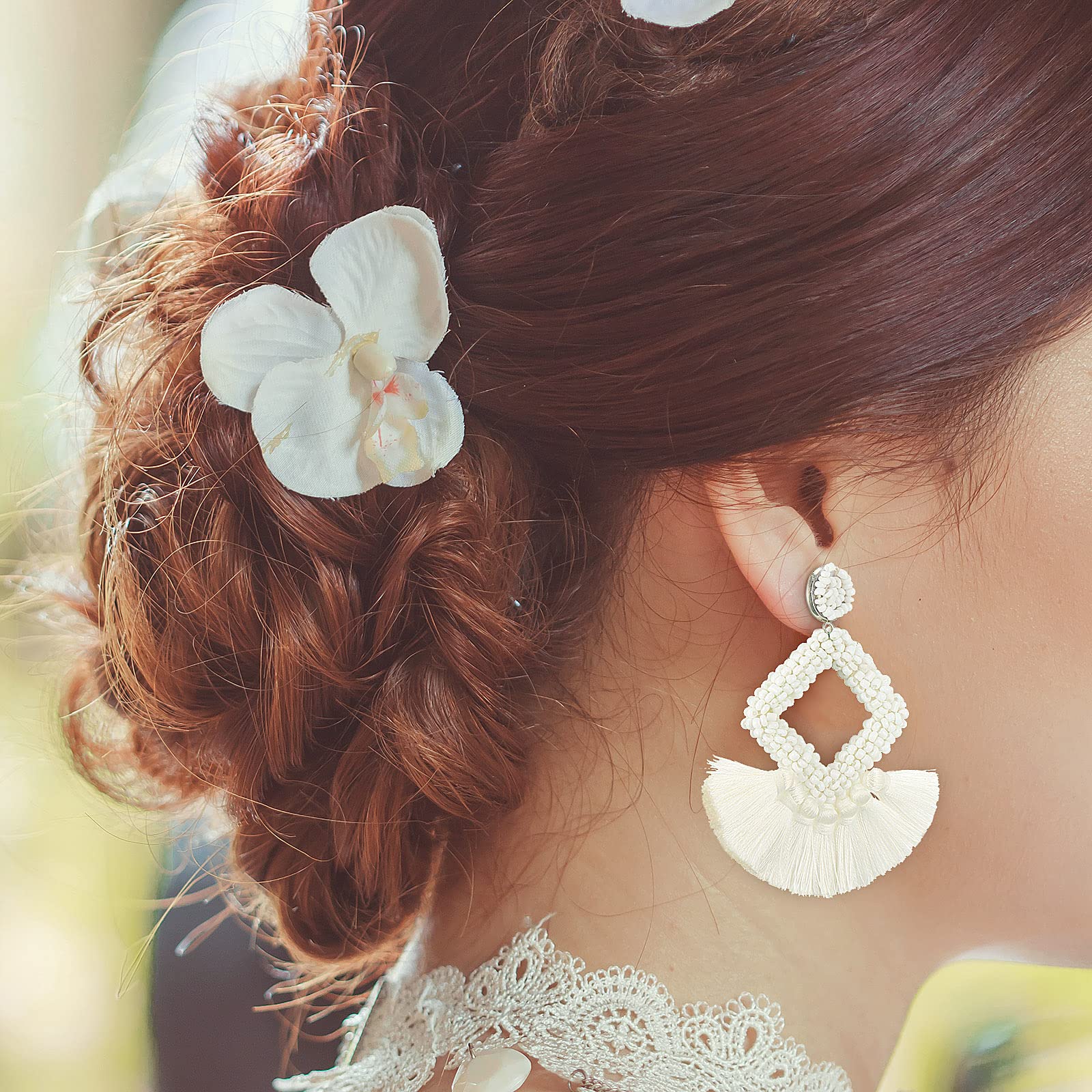 4 Pairs White Earrings for Women Layered Tassel Dangle Earrings Bohemian Geometric Earrings Mottled Hoop Bead Earrings (Elegant)
