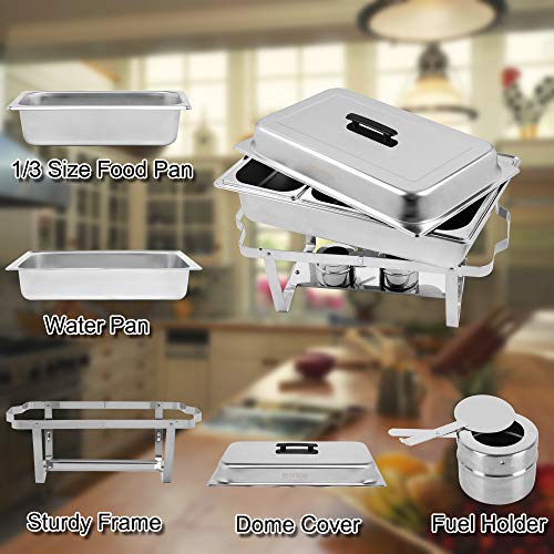 ROVSUN 8 Quart Chafing Dish Buffet Set, Stainless Steel Catering Serve Chafer, Restaurant Food Warmer, Rectangular Buffet Stove with 3 1/3 Size Food Pans and Foldable Frame for Party (1 Pack)
