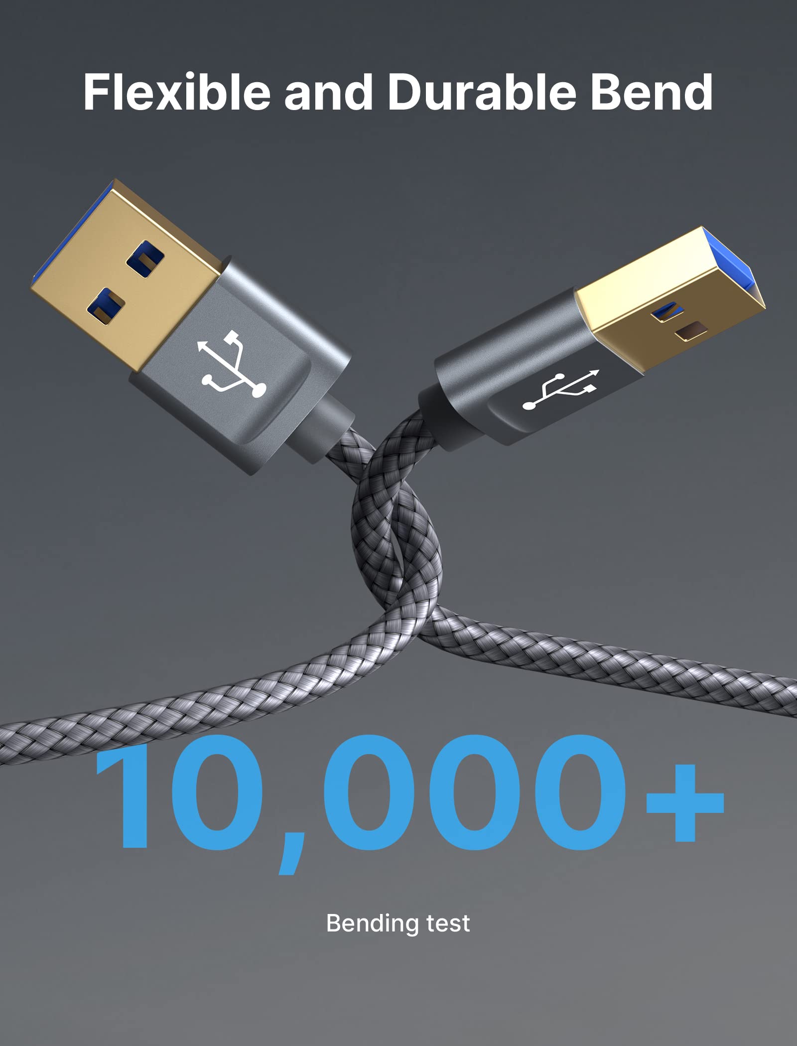 JSAUX USB 3.0 A to A Male Cable, USB to USB Cable 2 Pack(3.3ft+6.6ft) USB Male to Male Cable Double End USB Cord with Gold-Plated Connector for Hard Drive Enclosures, DVD Player, Laptop Cooler (Grey)