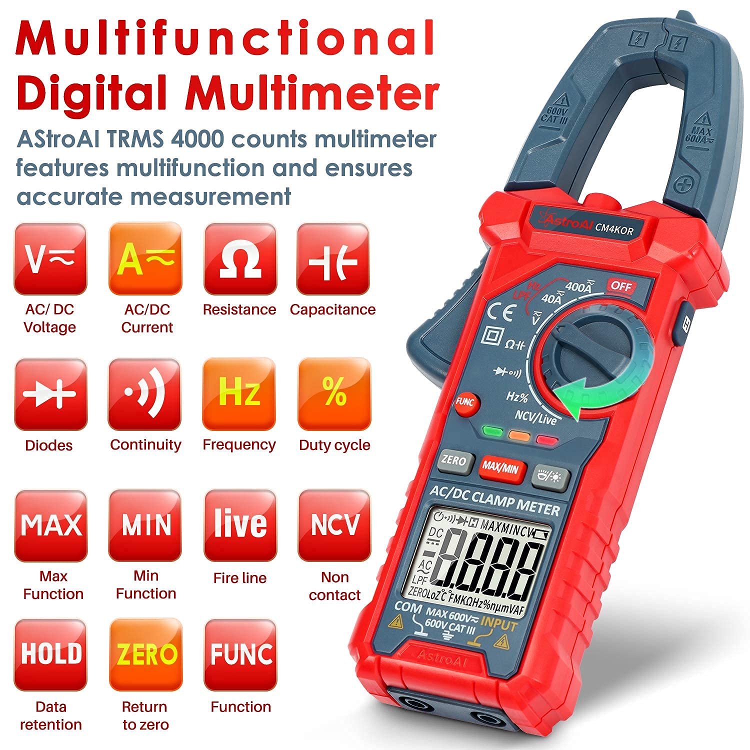 AstroAI 4000 Counts Digital Clamp Meter+Multimeter Test Leads Kit,