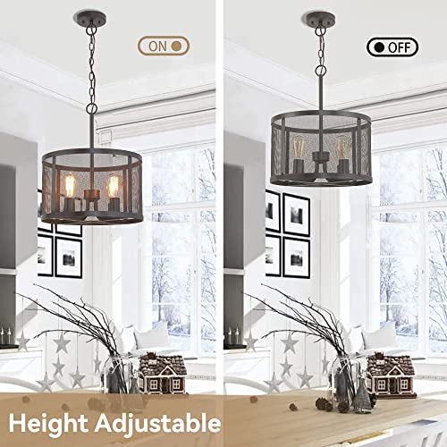 KARMIQI 4-Light Industrial Pendant Light Fixture Bulbs Included, Vintage Farmhouse Black Metal Cage Hanging Ceiling Light, Drum Chandelier with Adjustable Chain for Kitchen Island Dining Room