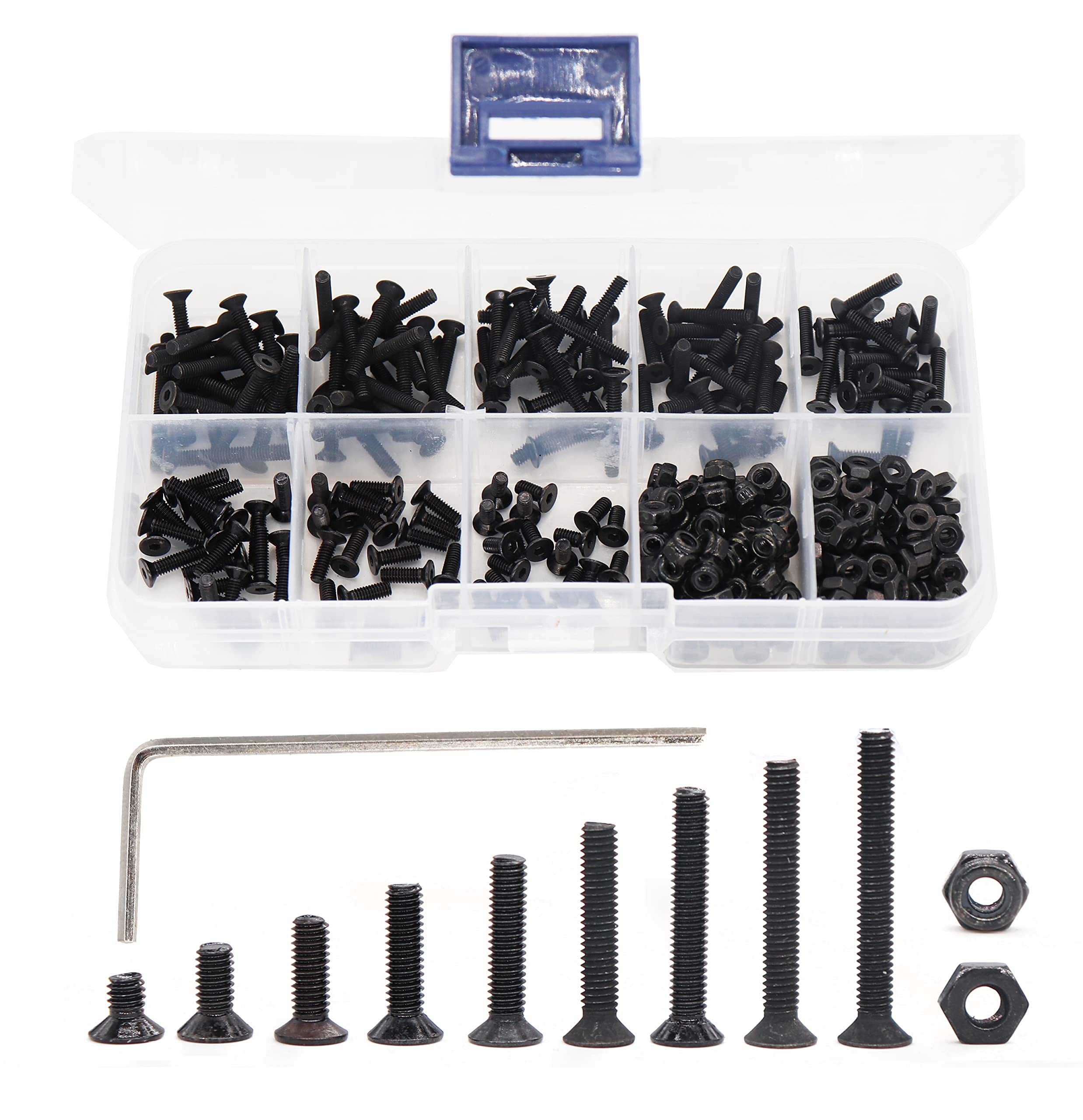 binifiMux 340pcs M2.5 Black Countersunk Flat Socket Cap Screws Hex Nuts Nylon Lock Nuts Assortment Kit 10.9 Grade Alloy Steel, M2.5 x 4mm/ 6mm/ 8mm/ 10mm/ 12mm/ 14mm/ 16mm/ 18mm/ 20mm