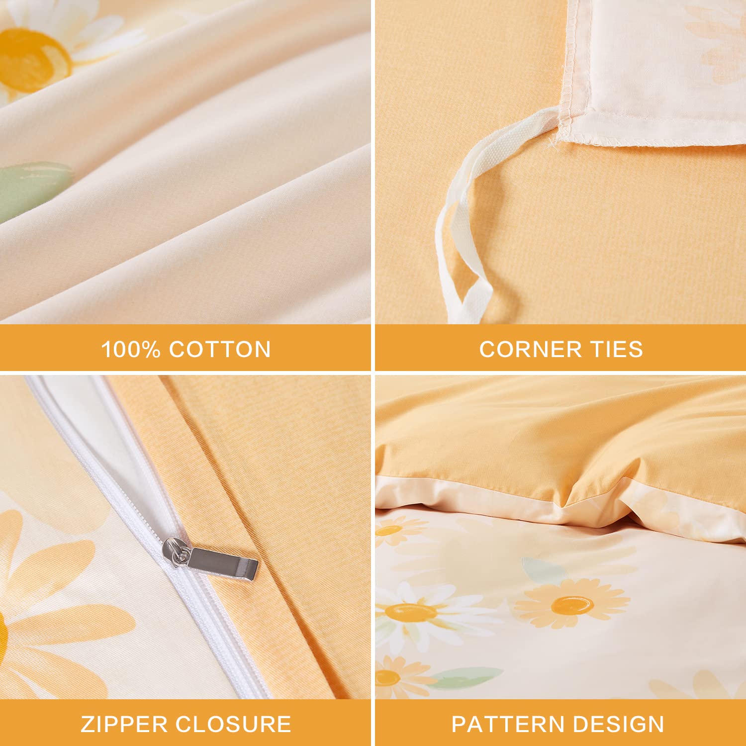 SAPHREAS King Size Duvet Cover Set with Fitted Sheet 4pcs Daisy Floral Bedding Comforter Cover Set 1 Quilt Cover 1 Fitted Sheet 2 Pillow Shams