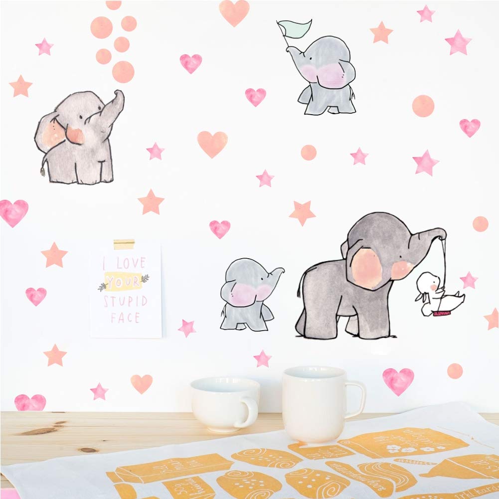 IARTTOP Adorable Elephant Wall Decal, Lovely Family Elephant with Love Heart Stars Wall Sticker, Baby Elephant Decor Wall for Nursery Bedroom Classroom Decoration
