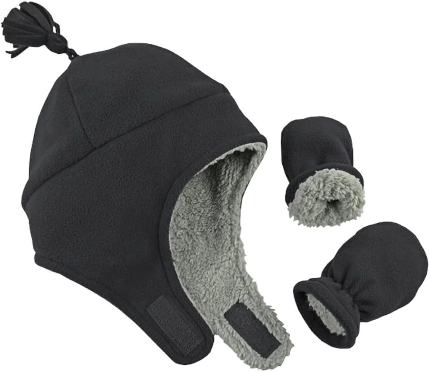 N'Ice Caps Toddler Baby Winter Hat Mitten Set - Kids Boys Girls Gloves Fleece Sherpa Lined (Black Infant, 12-18 Months)