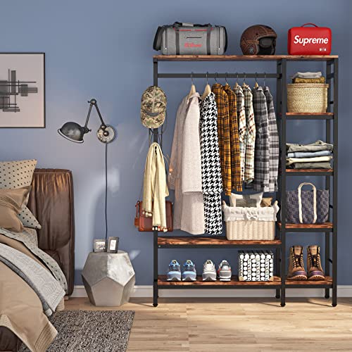Tribesigns Free-standing Closet Organizer with Hooks, Heavy Duty Clothes Shelf Garment Rack with Shelves and Hanging Rod, Metal Clothing Storage for Bedroom, Capacity 450lb