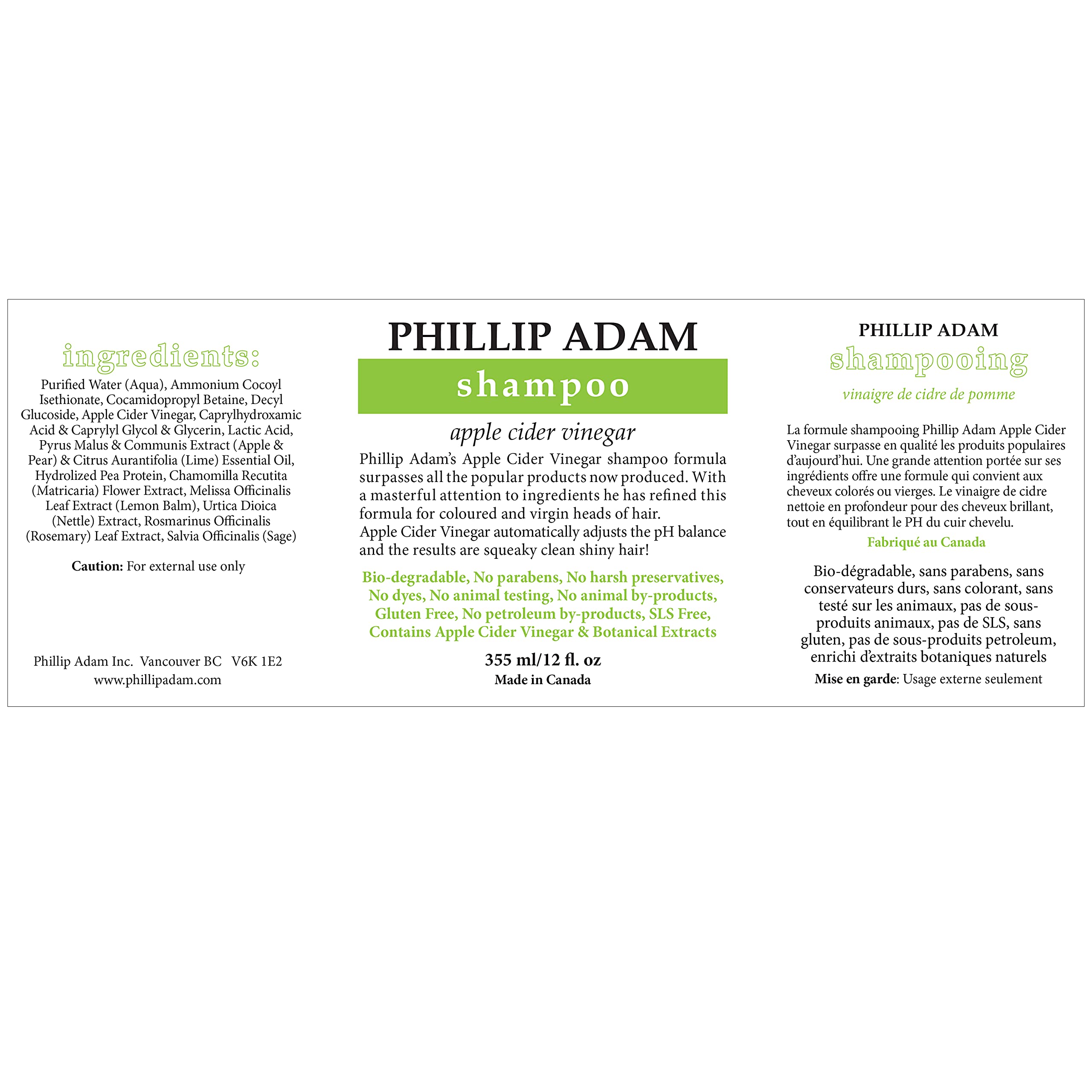 Phillip Adam Apple Cider Vinegar Shampoo for Shiny Hair - Sulfate Free and Paraben Free - Original Green Apple Scent - 12 Ounce