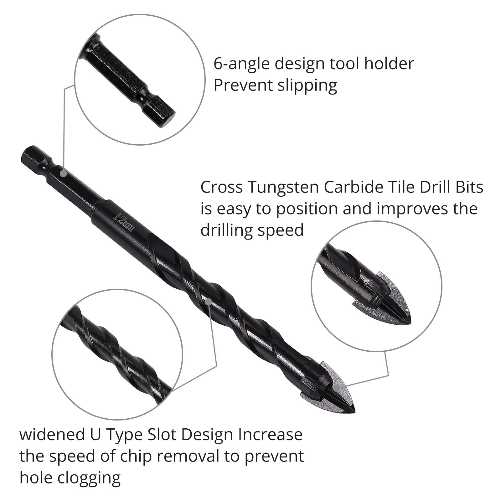 8 Pcs Masonry Drill Bits Set Cross Tungsten Carbide Ceramic Tile Drill Bits for Porcelain Ceramic Tile, Concrete, Brick Wall, Glass, Mirrors, Plastic Masonry and Wood Size 3, 3, 4, 5, 6, 8, 10,12mm