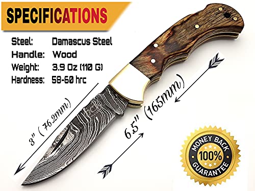 BCK Pocket Knife 4 Pcs Set 6.5" Handmade Damascus Folding Knife Back lock knife Damascus Hunting Knife with Sheath Damascus Pocket Knife for men 100% Prime Quality camping Knife (Brown Wood)