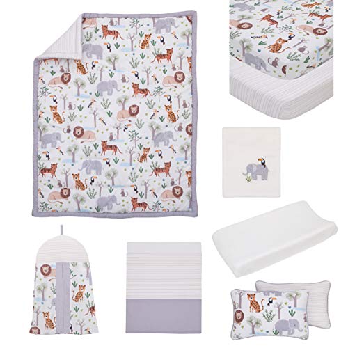 NOJO Growing Wild Grey, Orange, Green and White 8 Piece Jungle Safari Crib Bedding Set with Comforter, 2 Fitted Crib Sheets, Dust Ruffle, Diaper Stacker, Decorative Pillow, Baby Blanket
