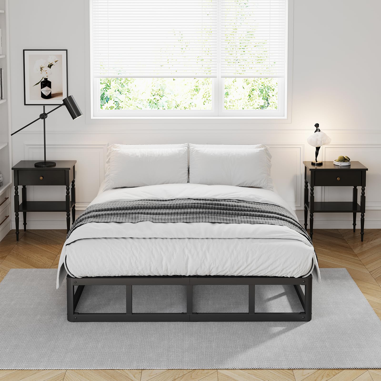 Askeld Bed Frame Queen Size, 4 Inch Metal Queen Box Spring with Fabric Cover, Heavy Duty Platform Frame Low to Floor, 3500 Lbs Weight Capacity Mattress Base, Easy Assembly, Black