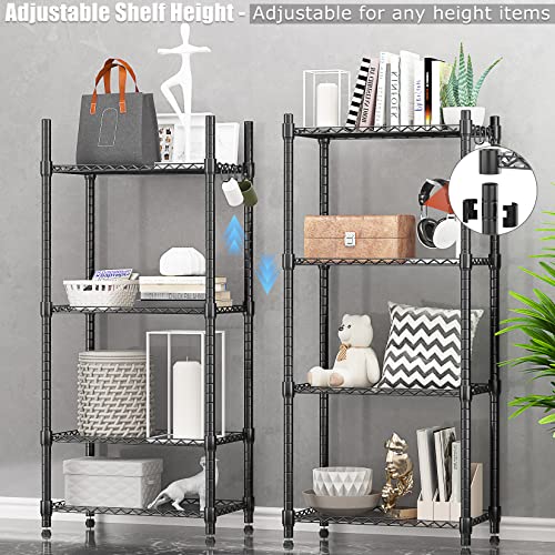 JEROAL 4 Tier Wire Shelving Unit, Adjustable Height Storage Shelf Display Rack with 4 S-Shaped Hooks, 21.25" D×11.4" W×46.45" H Standing Heavy Duty Metal Shelving for Laundry Bathroom Kitchen