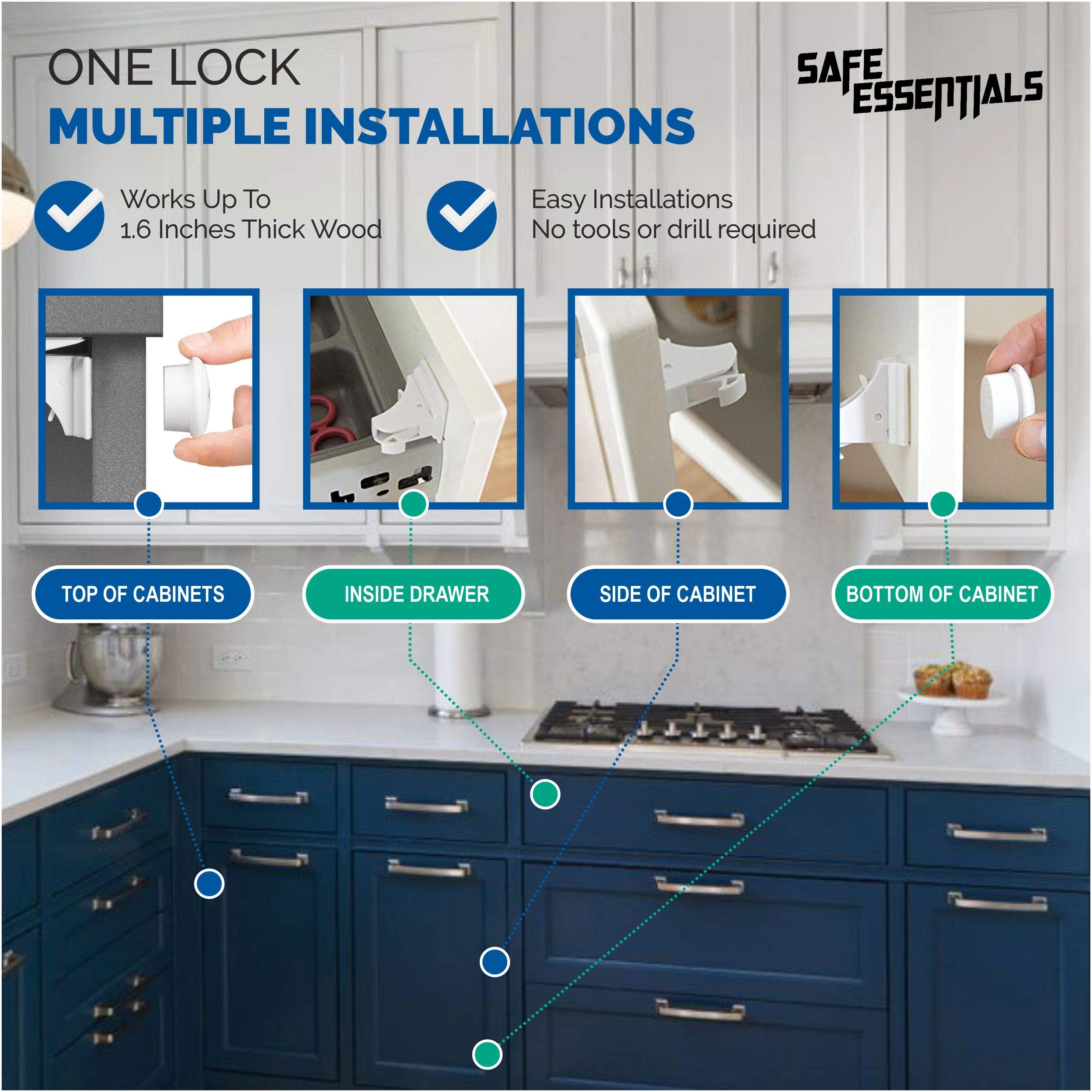 Safe Essentials-8 Pack-Magnetic Cabinet Locks Baby Safety, Invisible, No-Tools Required Assembly, Comes with Extra 3M Adhesive Strips