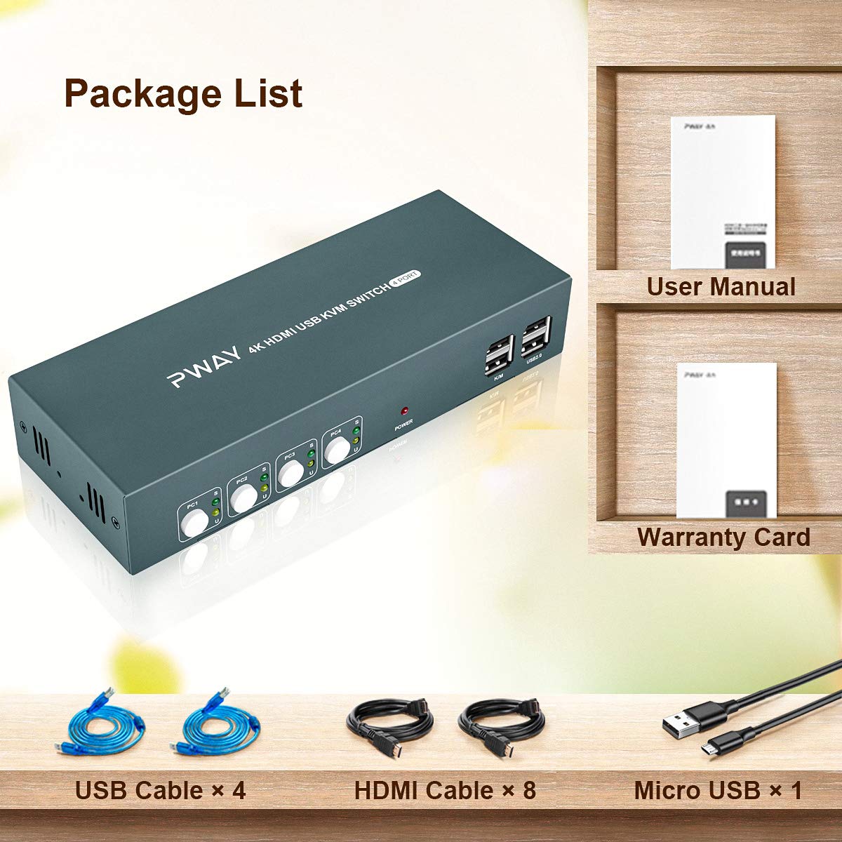 4 Port KVM Switch HDMI Dual Monitor Extended Display, 4K@30Hz 2 USB 2.0 Hub, Wireless Keyboard & Mouse and Hotkey Switch Supported, 4 in 2 Out, Powered by USB