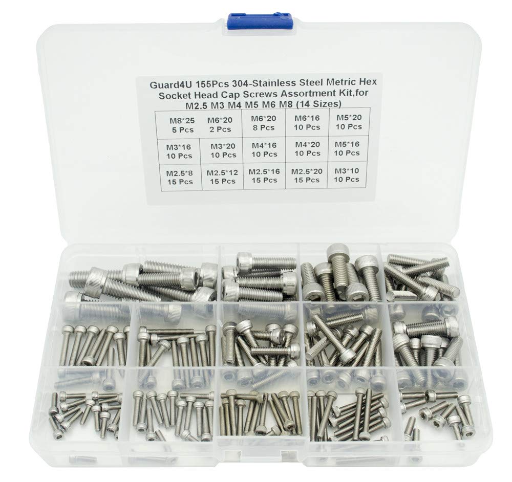 Guard4U 155Pcs 304-Stainless Steel Metric Hex Socket Head Cap Screws Assortment Kit,for M2.5 M3 M4 M5 M6 M8 (14 Sizes)