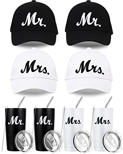 8 Pcs Mr and Mrs Tumbler Set and Baseball Caps Travel Tumbler Women Men Couples Coffee Cups Newlyweds Bride and Groom Caps Mr and Mrs Gifts for Couples,Wedding,Anniversary,Bridesmaids and Groomsmen