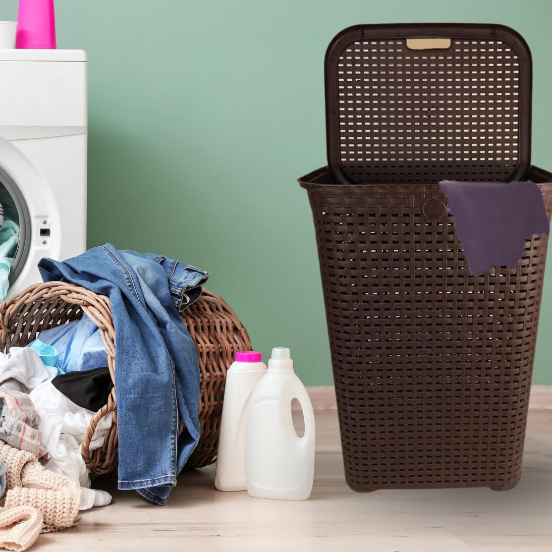 Elly décor Set 2 Rattan 12 gallons Tall Plastic Laundry Hamper, Laundry Basket with Cutout Handles, Washing Bin, Dirty Clothes Storage, Bathroom, Bedroom, Closet, 48 lts Chocolate